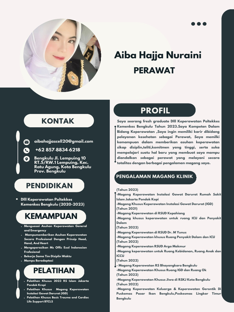 Profil Aiba Hajja Nuraini: Perawat Kompeten dengan Pengalaman Magang Luas | PDF