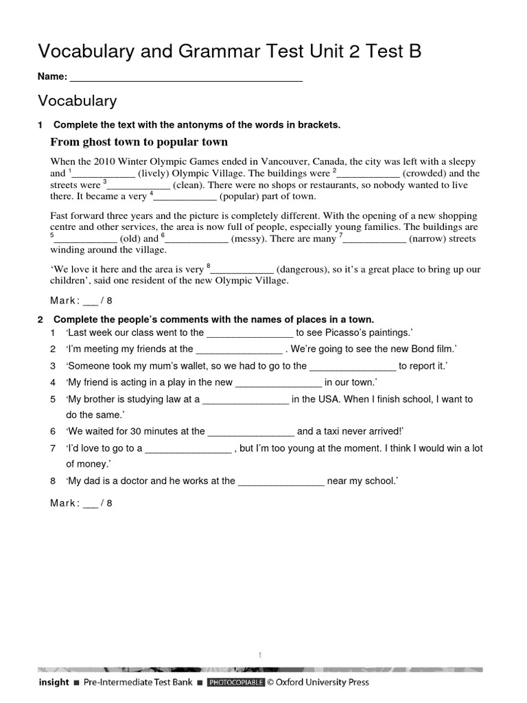 Vocabulary + Grammar Unit 2 Test B | PDF