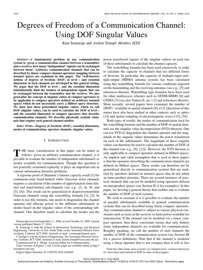Degrees of Freedom of A Communication Channel Using DOF Singular Values ...