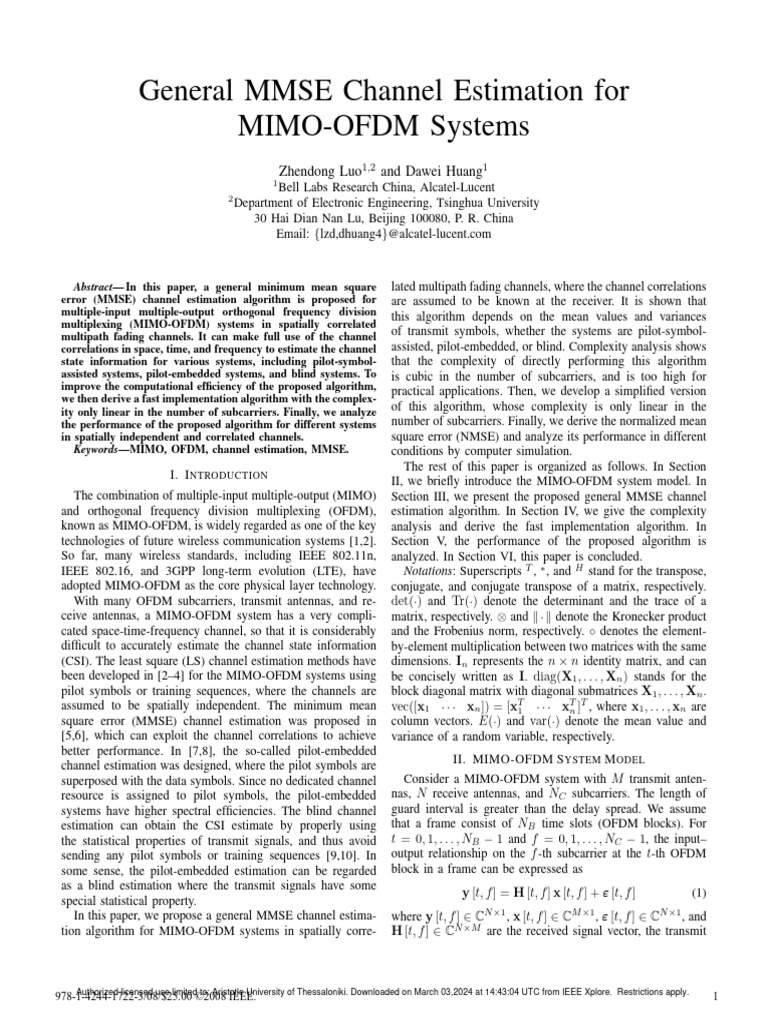 General MMSE Channel Estimation For MIMO-OFDM Systems | Download Free PDF | Mimo | Orthogonal ...