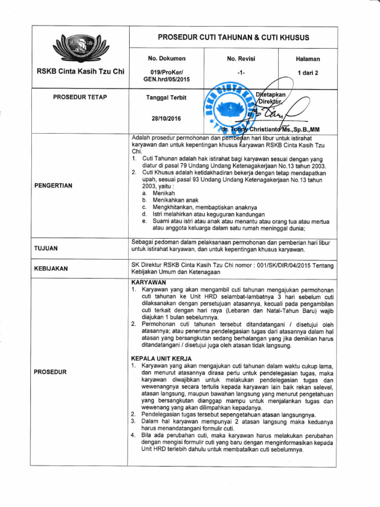 Prosedur Cuti Tahunan dan Khusus RSKB | PDF
