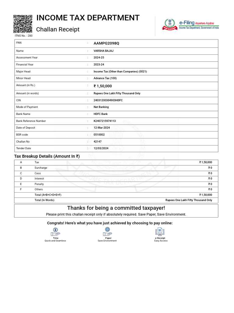 24031200304903HDFC_ChallanReceipt | PDF | Taxes | Economies