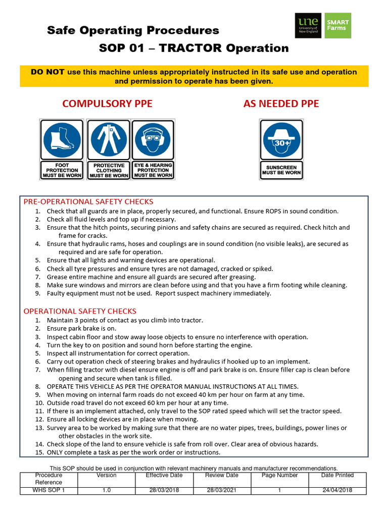 Tractor Operation Safety SOP | PDF | Tractor | Manufactured Goods