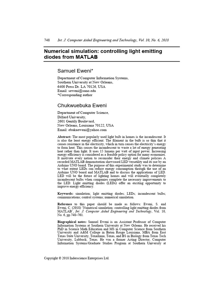 Numerical Simulation Controlling Light Emiiting Diodes From Matlab ...