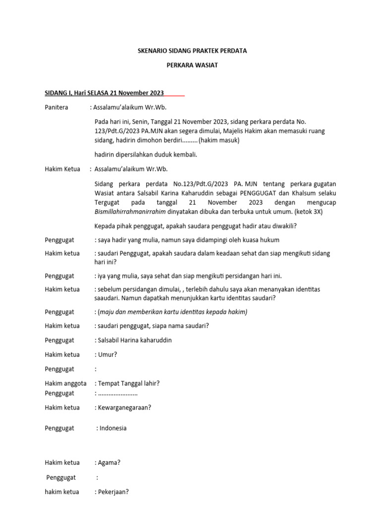 Skenario Sidang Praktek Perdata | PDF