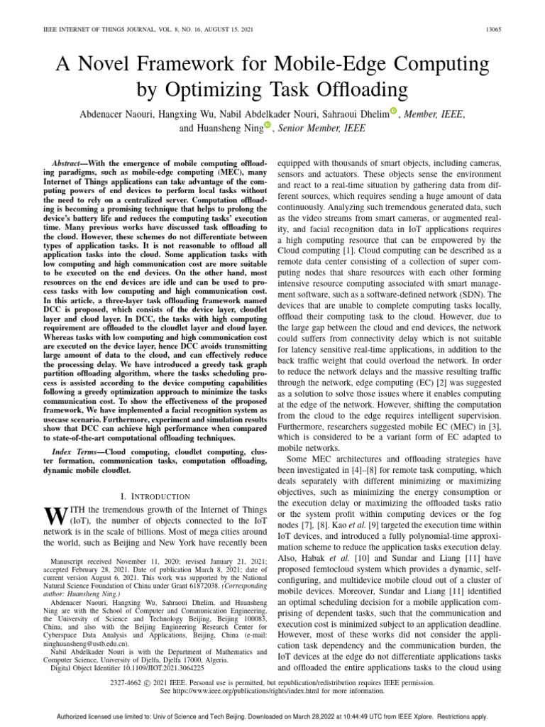 A Novel Framework For Mobile Edge Computing By Optimizing Task Offloading Pdf Cloud