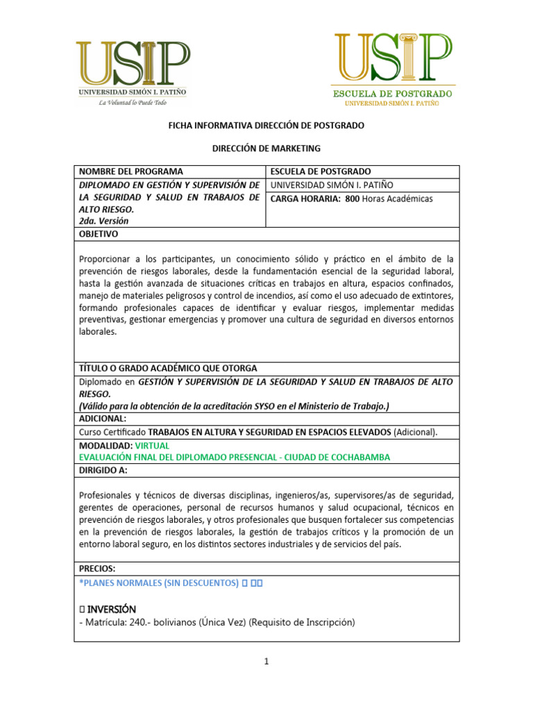 Ficha Informativa - Diplomado en Gestión y Supervisión de La Seguridad y Salud en Trabajos de ...
