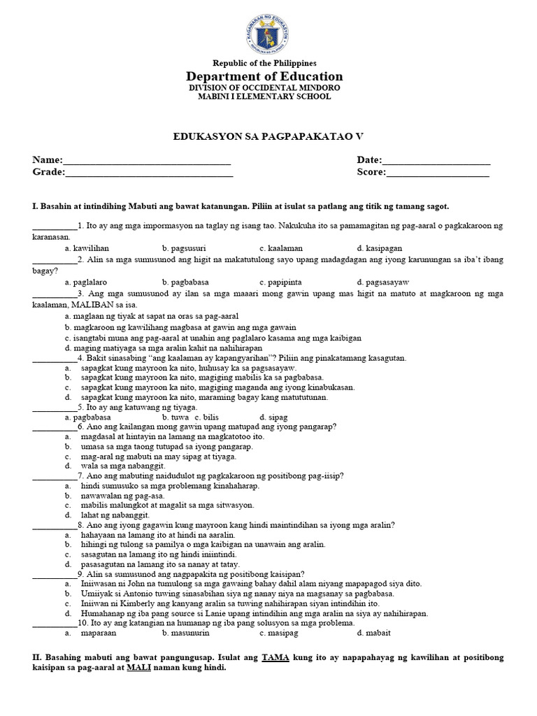 Grade V Summative No. 2 | PDF