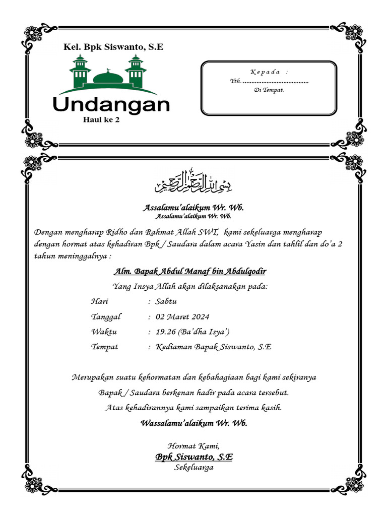 Undangan Tahlil Haul Ke 2 New | PDF