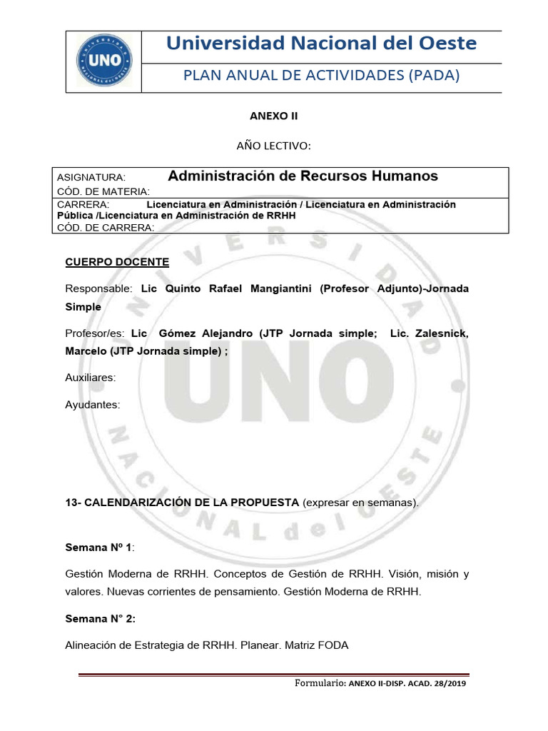 Planificacion Cuatrimestral de Temas Por Semama -PADA 2023 ADM RRHH | PDF | Gestión de recursos ...