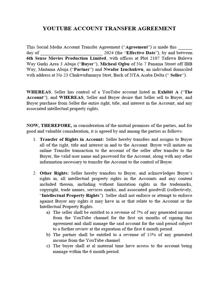 Youtube Account Transfer Agreement | PDF | Arbitration | Intellectual ...