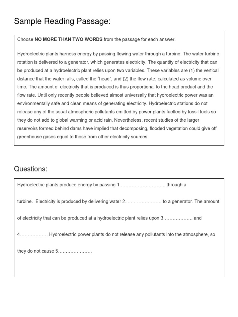 Sample Reading Passage | PDF | Hydroelectricity | Power Station
