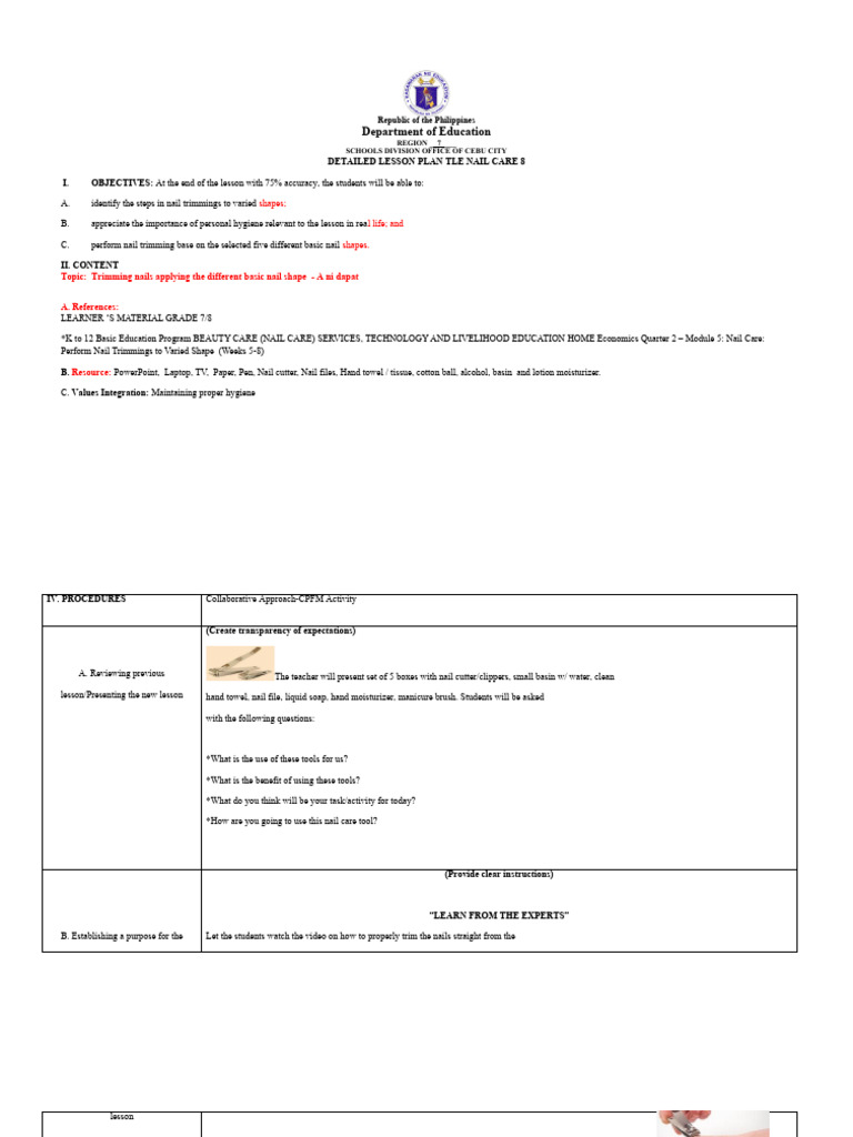 Trimming and Shaping Nails Lesson Plan | PDF | Nail (Anatomy) | Lesson Plan
