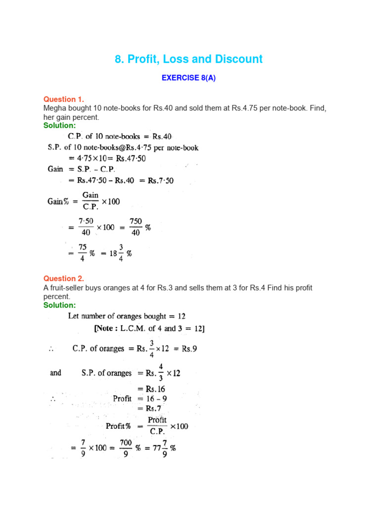 Selina Concise Maths Solutions Class 8 Chapter 8 Profit, Loss and Discount | PDF | Value Added ...