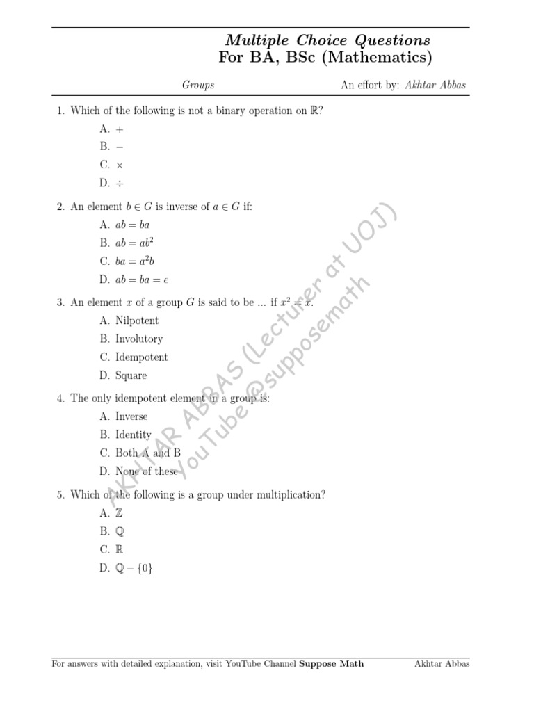 MCQs of Groups | PDF | Index Of A Subgroup | Group (Mathematics)