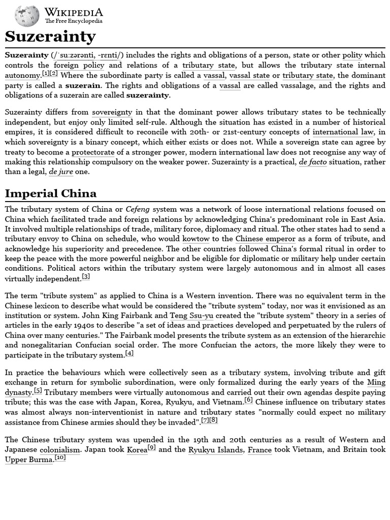 Suzerainty - Wikipedia | PDF | International Relations | Global Politics