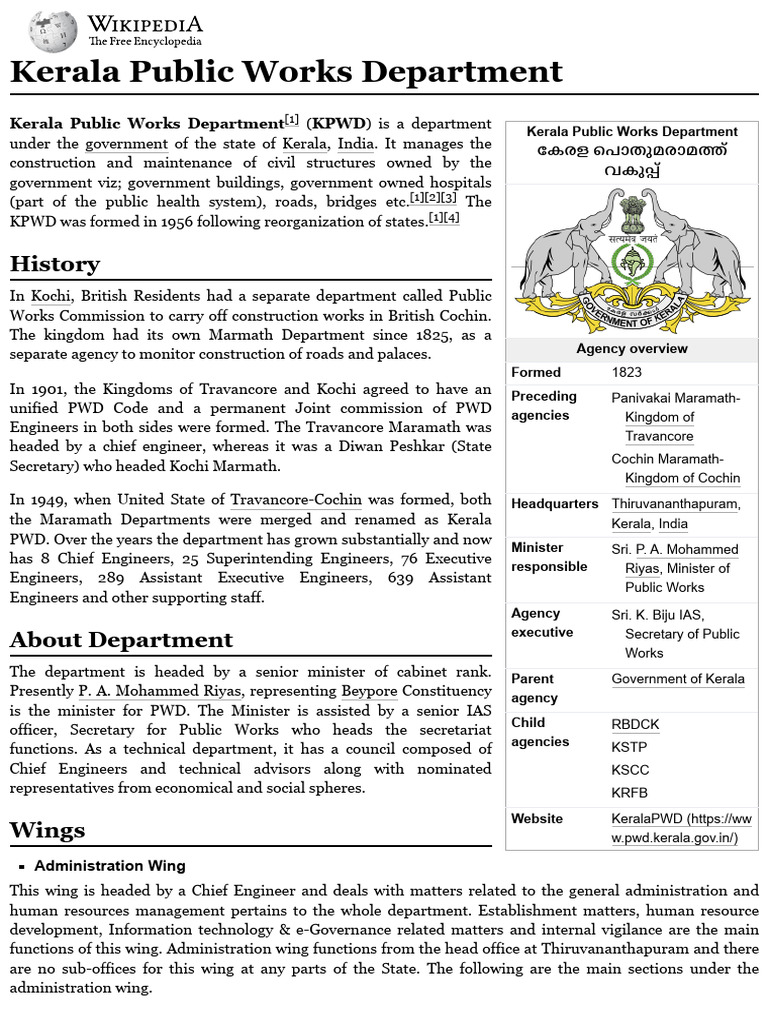 Kerala Public Works Department - Wikipedia | PDF | Infrastructure | Kerala
