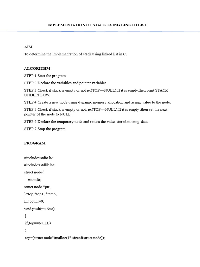 Implementation Of Stack Using Linked List Pdf Computers 8830
