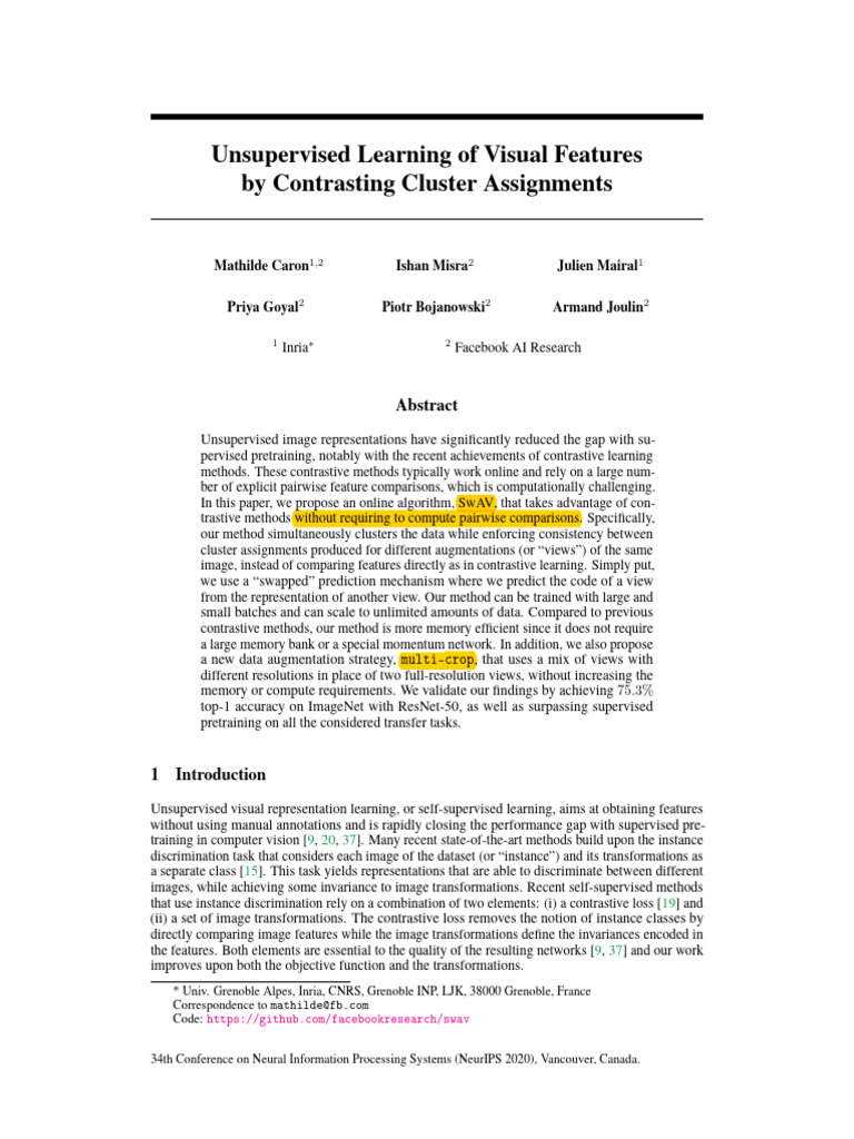 Unsupervised Learning of Visual Features by Contrasting Cluster Assignments | PDF | Cluster ...