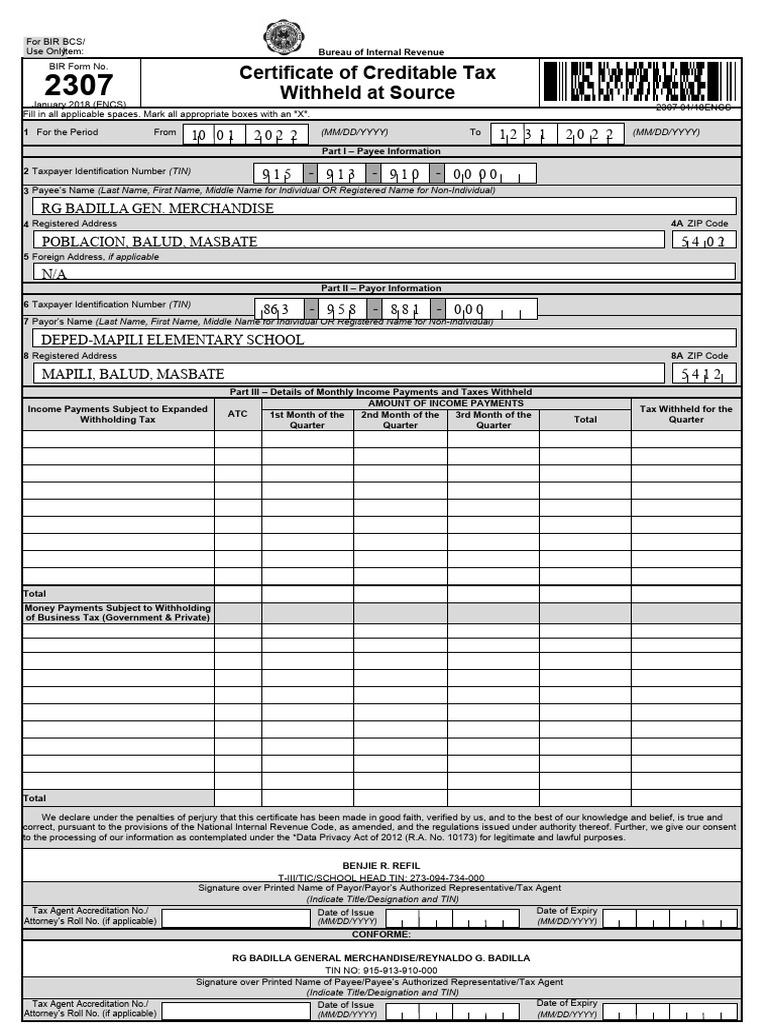 Bir Form 2307 | PDF | Value Added Tax | Corporate Tax Bir Form 2307 | PDF | Value Added Tax | Corporate Tax