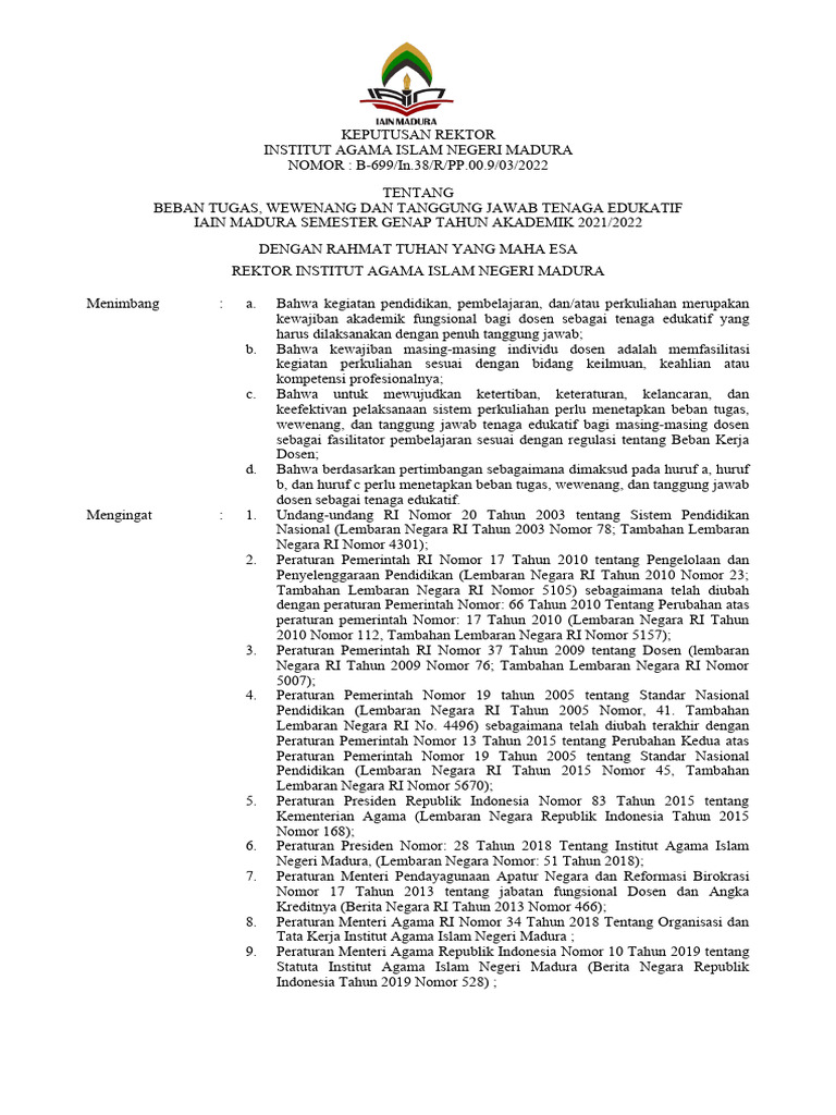SK Beban Tugas Dosen Semester Genap 2021-2022 Febi | PDF