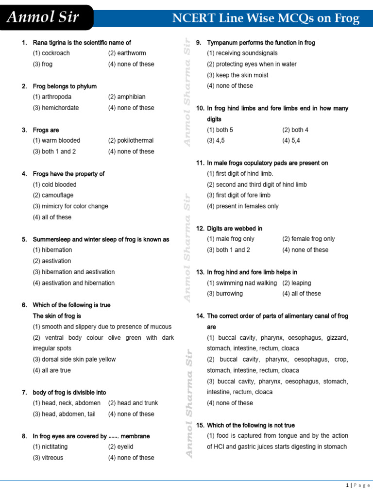 NCERT Line Wise MCQs On Frog | PDF | Heart | Frog