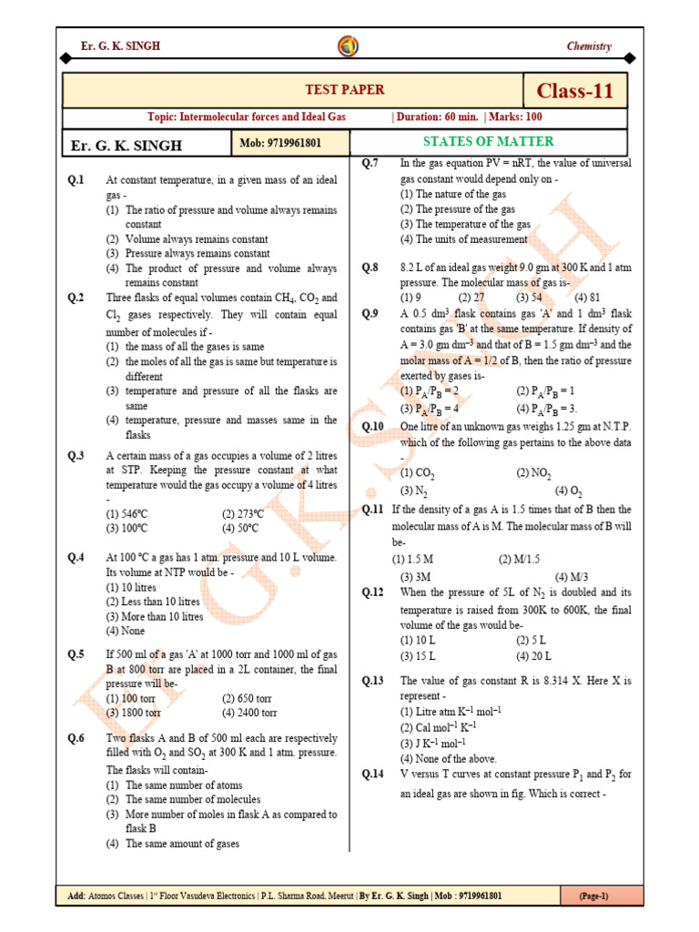 States of Matter Test Paper for Class 11 | PDF | Gases | Mechanics