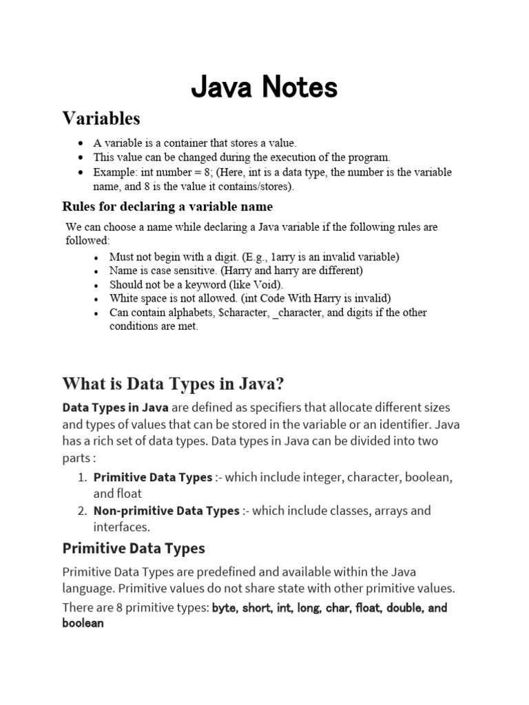 Java Notes | PDF | Data Type | Integer (Computer Science) Java Notes | PDF | Data Type | Integer (Computer Science)