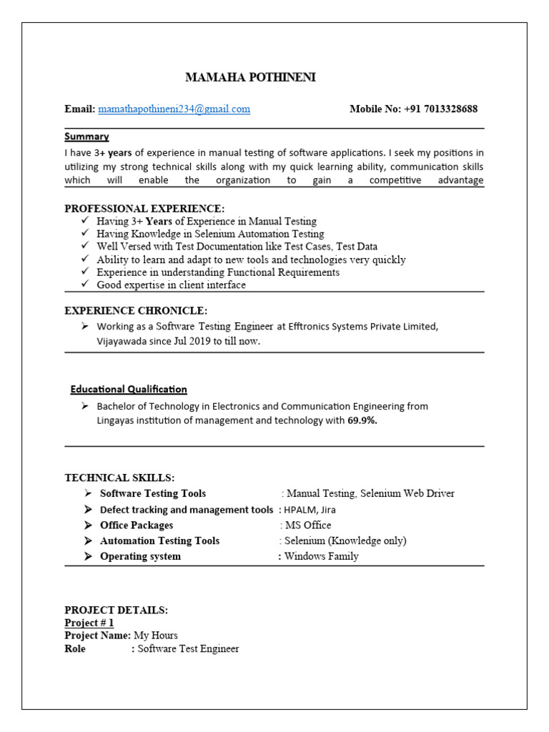 Manual Testing Engineer Resume | PDF | Software Testing | Selenium ...