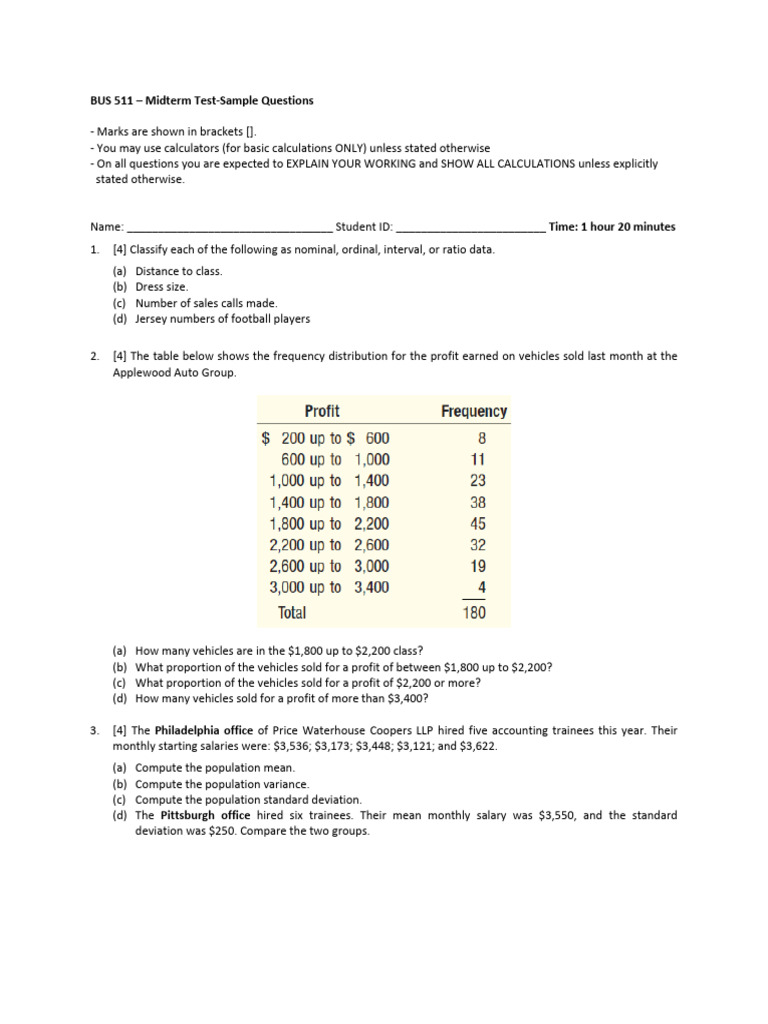 BUS 511-Midterm-Test - 1-SampleQuestions | PDF | Sales | Quartile BUS 511-Midterm-Test - 1-SampleQuestions | PDF | Sales | Quartile