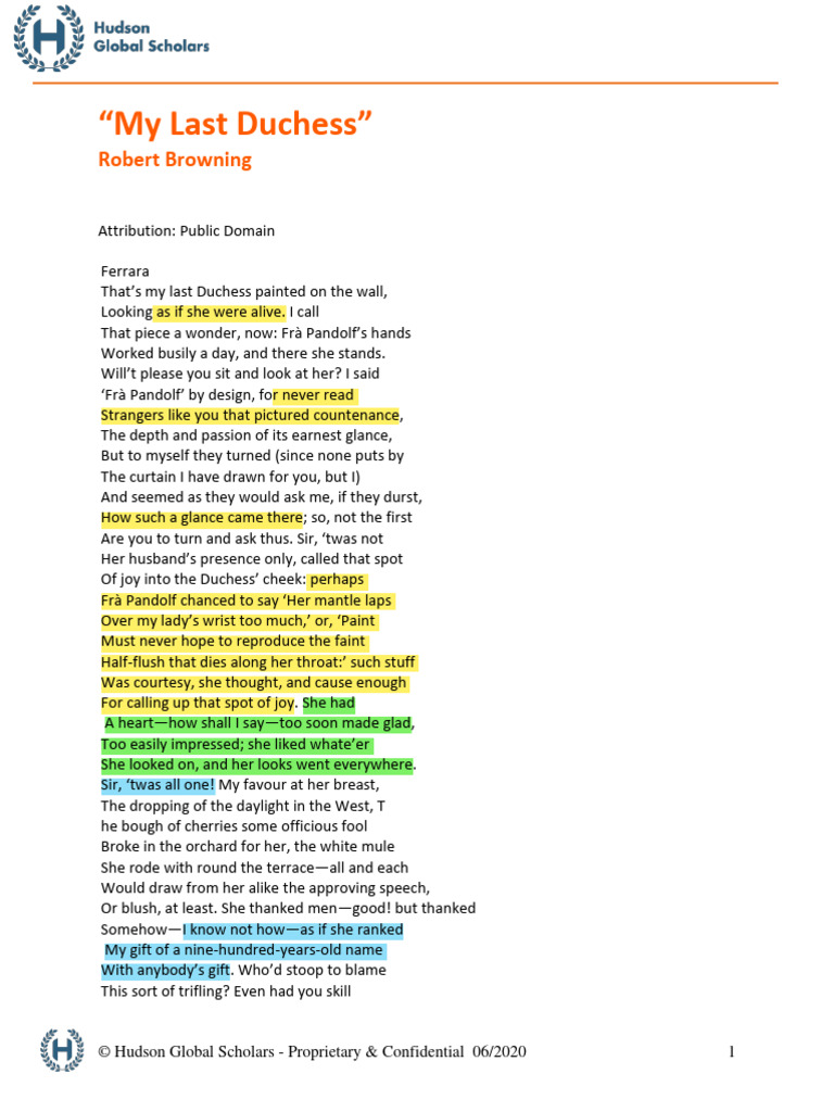 My Last Duchess Reading and Highlights | PDF