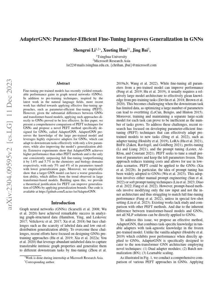 AdapterGNN Parameter-Efficient Fine-Tuning Improves Generalization in GNNs | PDF | Artificial ...