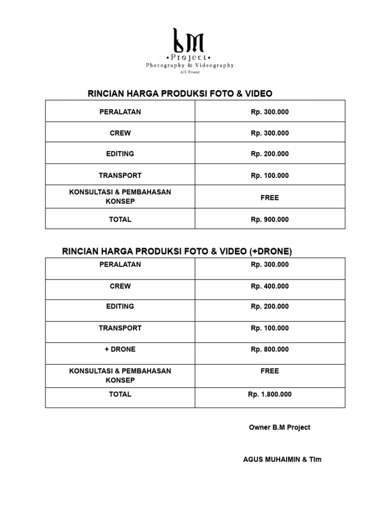 RINCIAN PRODUKSI FOTO & VIDEO B.M Project | PDF