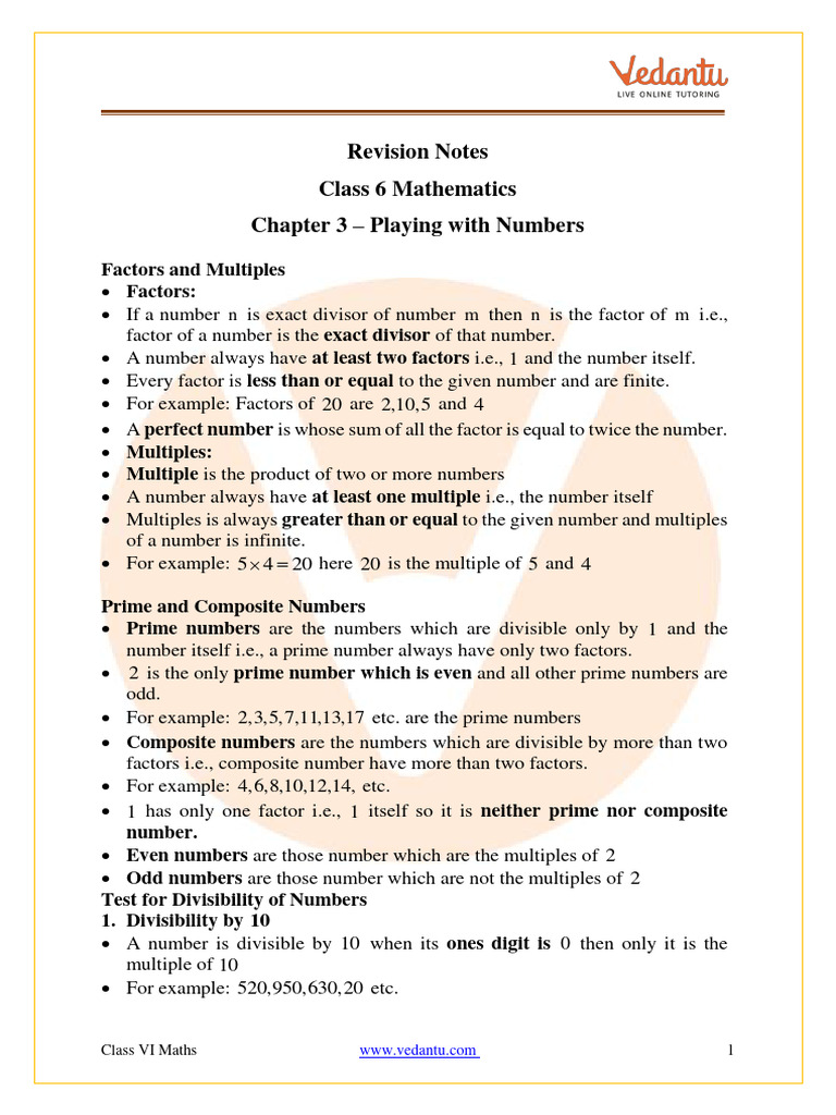 Playing With Numbers Class 6 Notes CBSE Maths Chapter 3 (PDF) | PDF ...