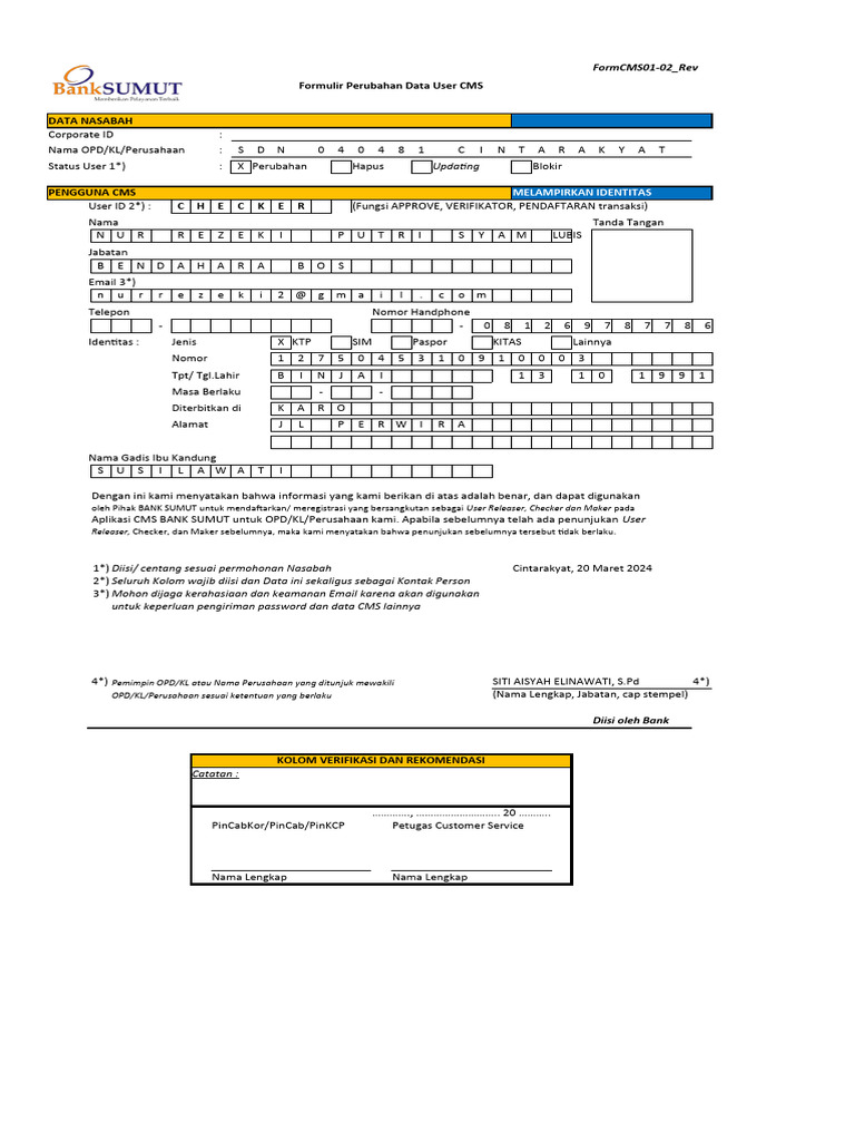 Formulir Perubahan Data Cms Bendahara Bos | PDF
