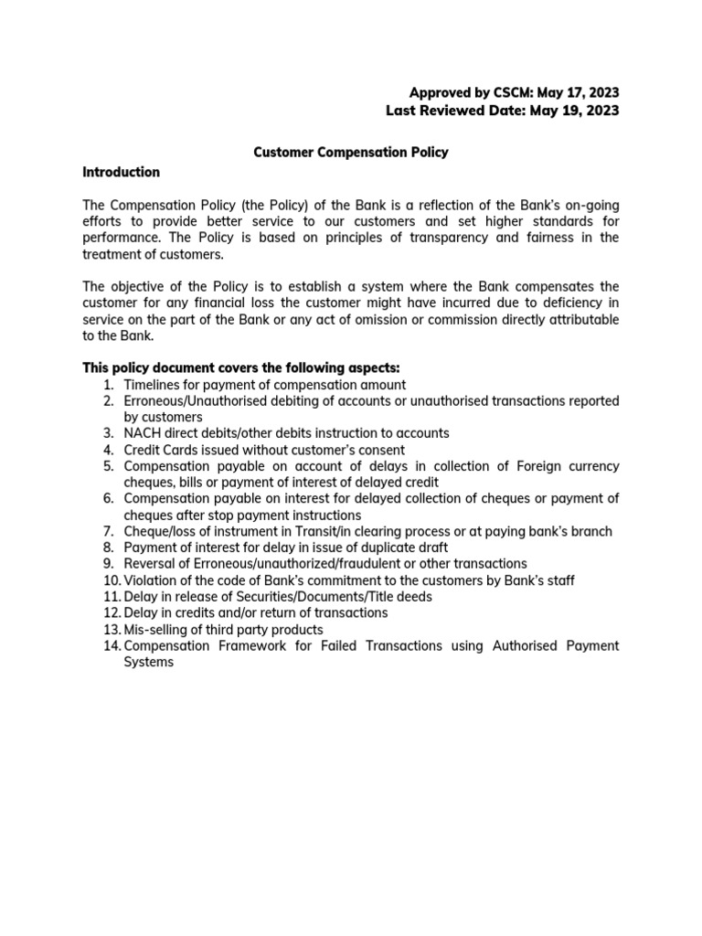 Customer Compensation Policy Guide | PDF | Cheque | Banks