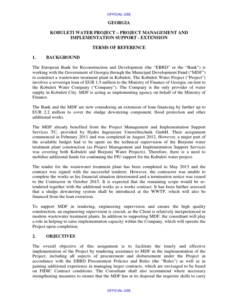 Kobuleti Water - PIU Extension - ToR Final | PDF | Sewage Treatment | Quality Assurance
