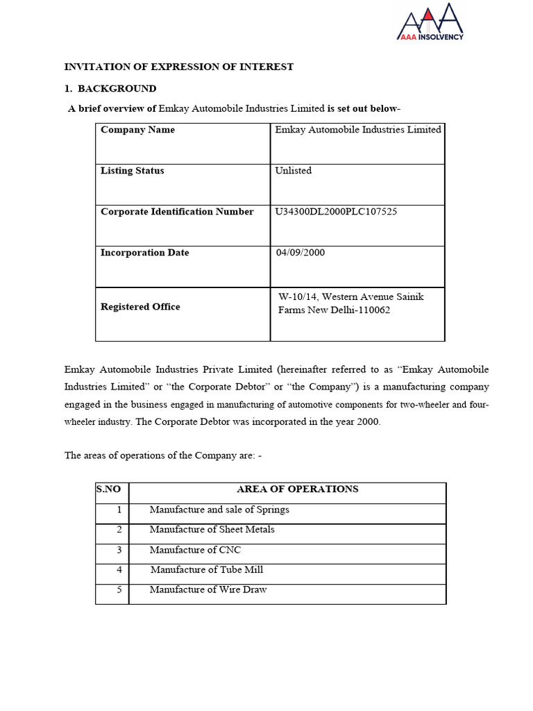 Detailed Invitation For EoI Emkay | PDF | Bankruptcy | Banks