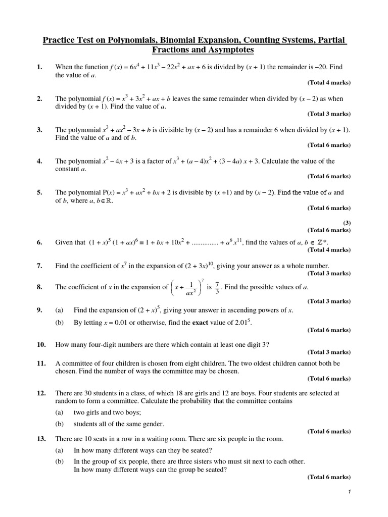 Practice Test On Polynomials, Binomial Expansion, Counting Systems ...