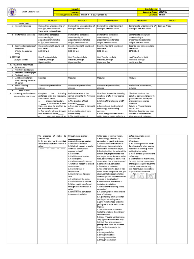 DLL - SCIENCE 4 - Q3 - WEEK 6 Describe How Light, Sound and Heat Travel | PDF | Heat Transfer ...