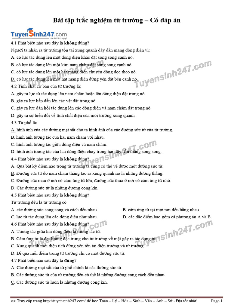 Bai Tap Trac Nghiem Tu Truong Co Dap An | PDF