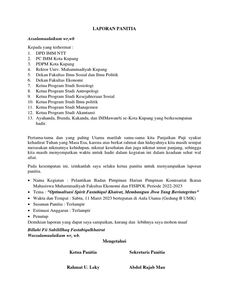 LAPORAN PANITIA PELANTIKAN IMM EKOFIS 2023 | PDF