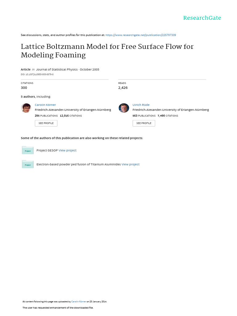 Lattice Boltzmann Model For Free Surface Flow For | PDF | Force | Gases