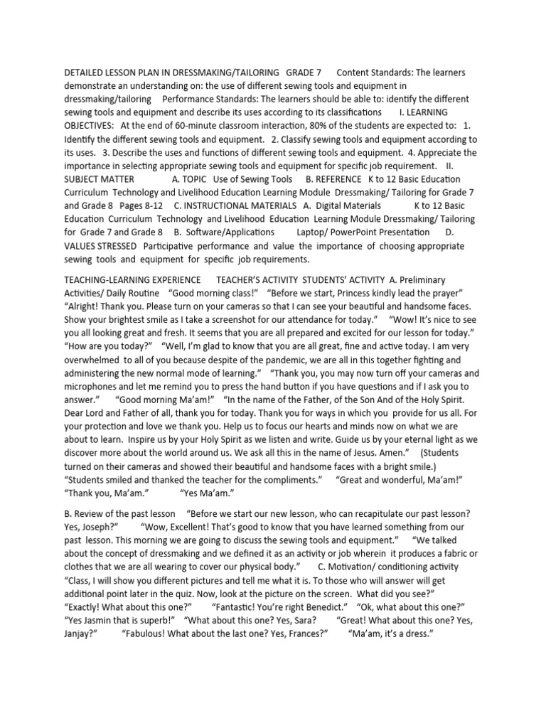 DETAILED LESSON PLAN IN DRESSMAKING | PDF | Sewing | Learning