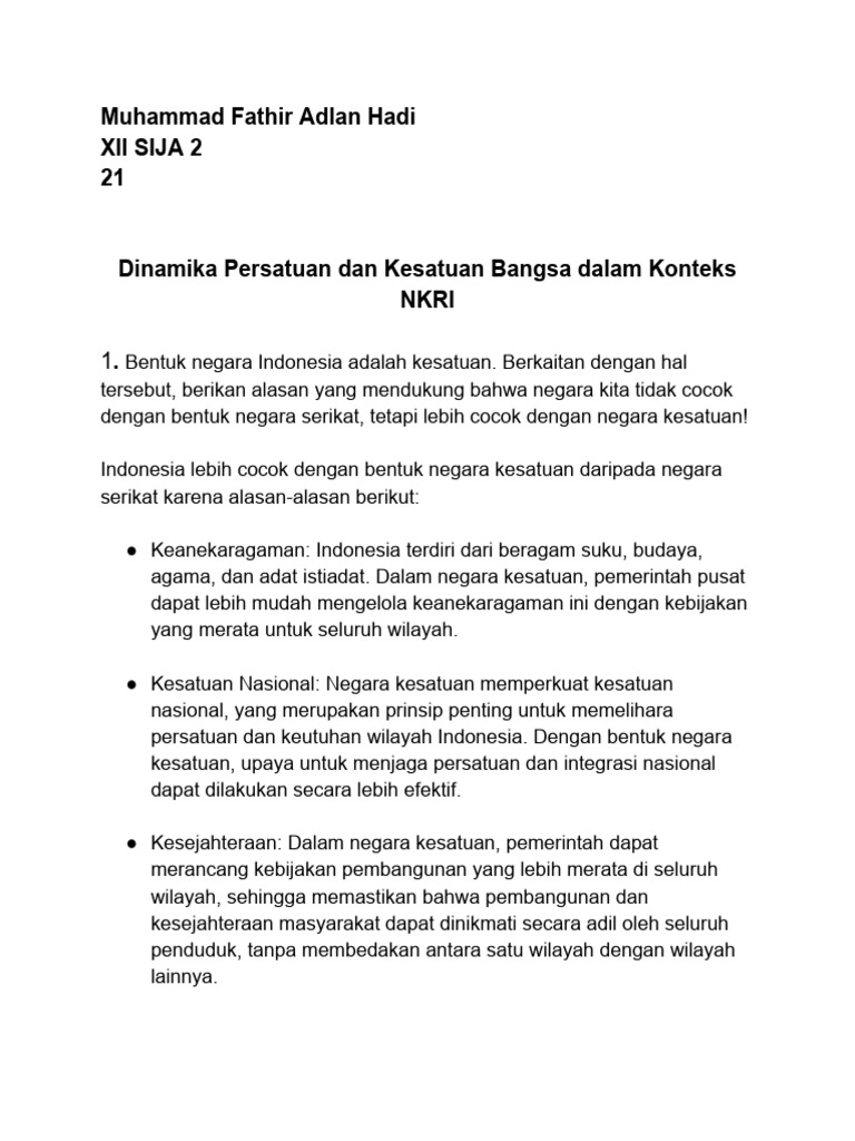 Dinamika Persatuan Dan Kesatuan Bangsa Dalam Konteks NKRI - Muhammad Fathir Adlan Hadi | PDF