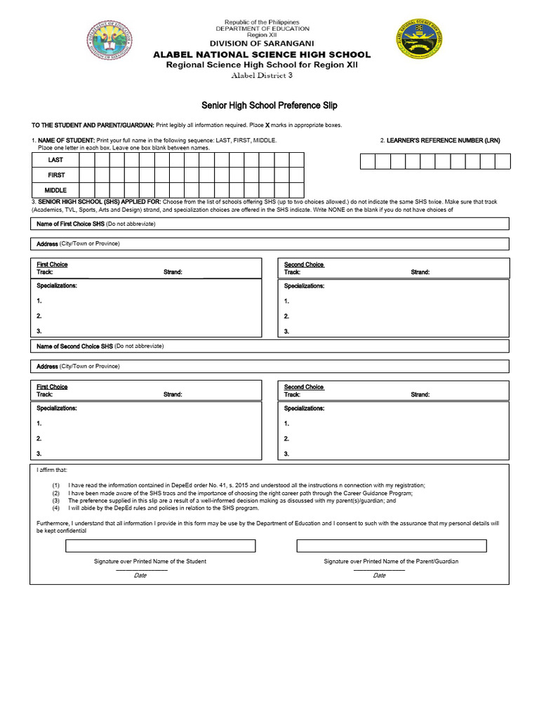 Senior High School Preference Slip | PDF