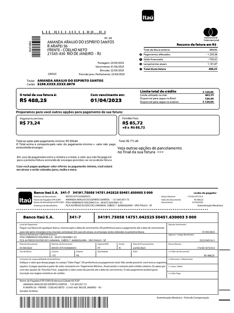 Fatura de Cartão de Crédito - Amanda Santos | PDF | Juros | Economias