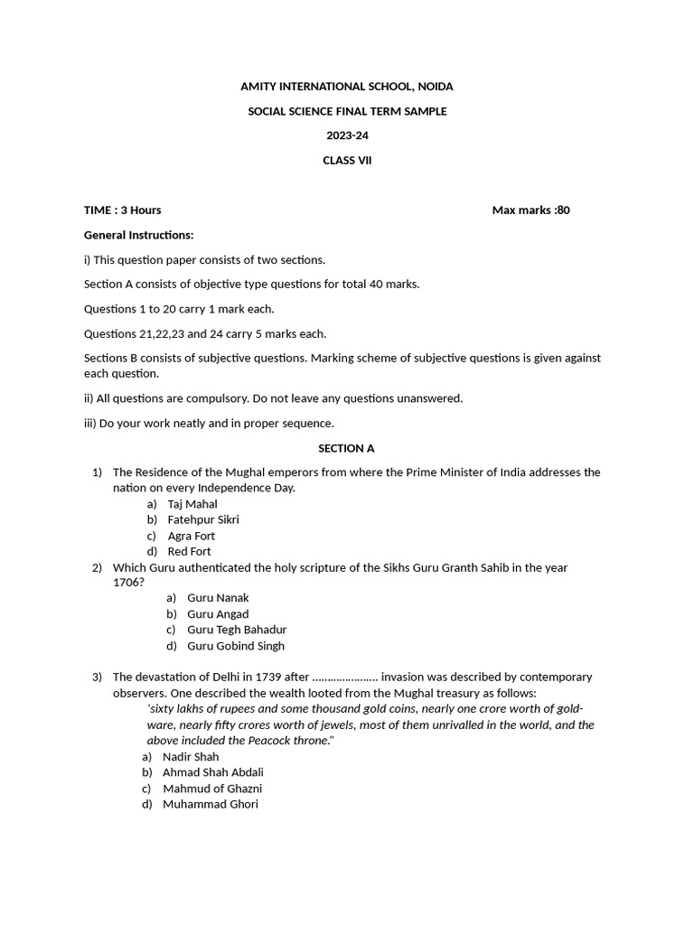 Amity International School, Noida Social Science Final Term Sample 2023 ...