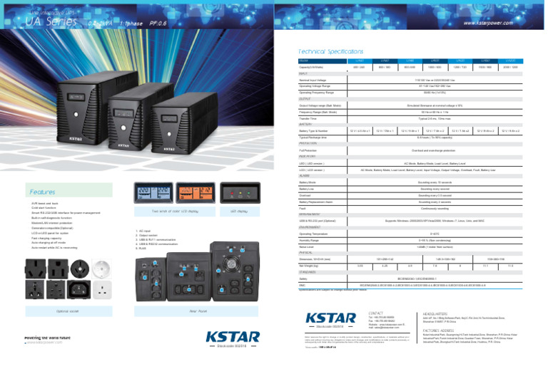 Kstar UA Series UPS Datasheet | PDF | Alternating Current | Battery Charger