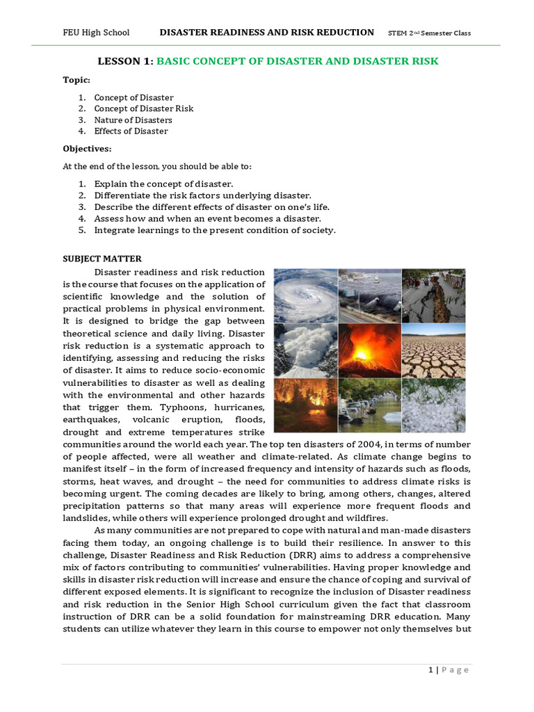 DRR-LESSON 1- BASIC CONCEPT OF DISASTER AND DIASASTER RISK | PDF ...